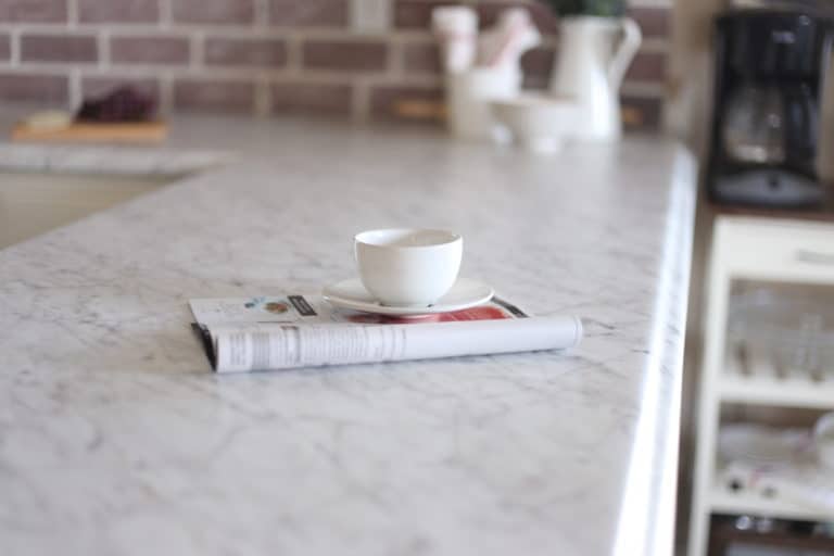 French Country Kitchen | Faux Marble Countertops & Brick Backsplash ...